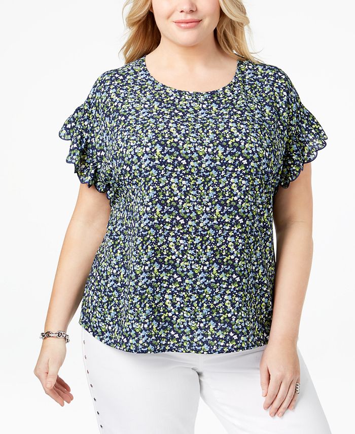 Michael Kors Plus Size Printed Ruffle Sleeve Top Macys