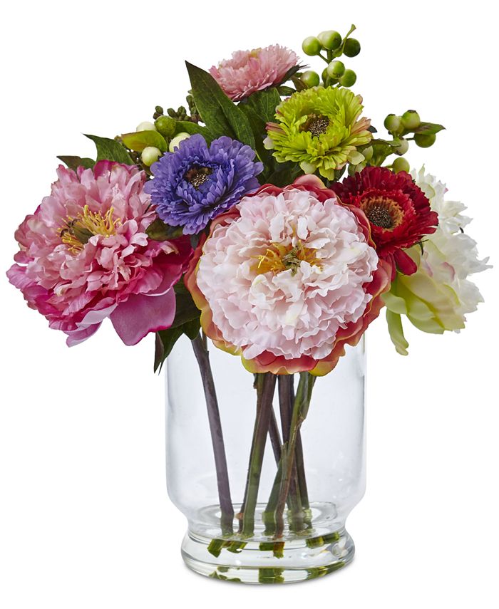 Nearly Natural Peony & Mum in Glass Vase & Reviews - Artificial Plants ...