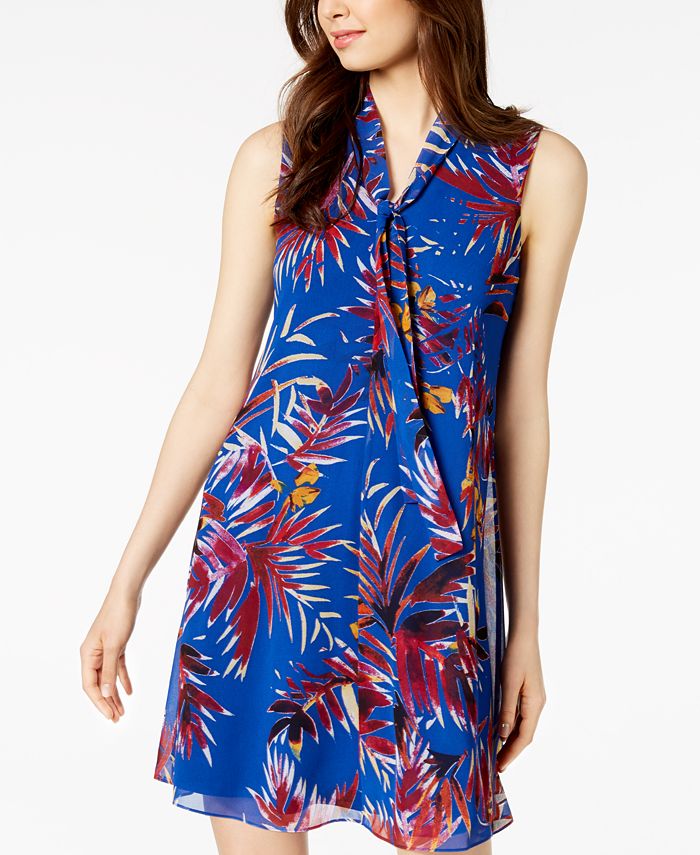 Calvin Klein Printed Tie Neck Shift Dress Macys