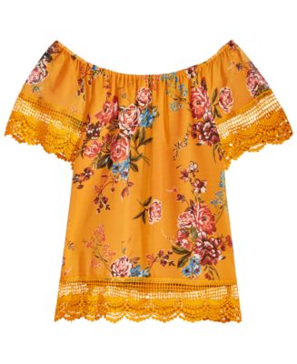 Beautees Big Girls Floral Lace-Trim Peasant Top - Macy's