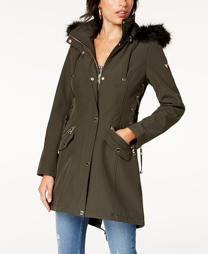 Guess Faux Fur Trim Lace Up Raincoat Macys