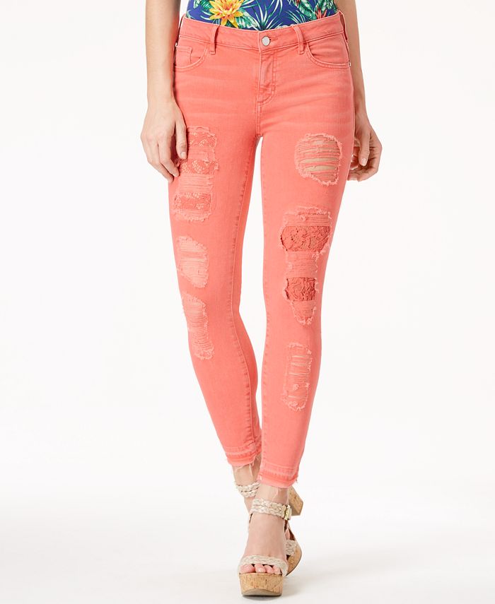GUESS Ripped Lace-Patch Skinny Jeans - Macy's