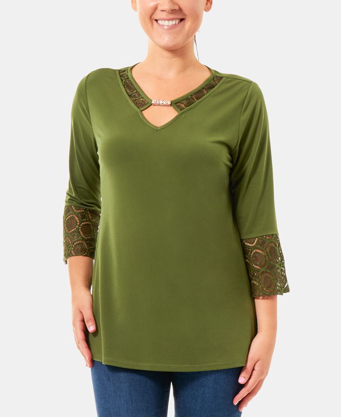 NY Collection Lace-Trim Keyhole Top - Macy's