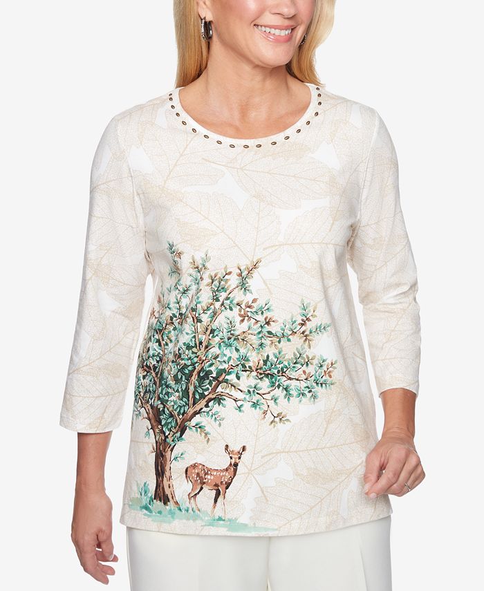 Alfred Dunner Classics Printed Embellished 3/4-Sleeve Top - Macy's