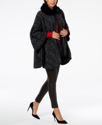 Cejon Faux Fur & Chevron Twill Cape - Macy's