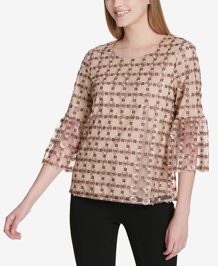 Calvin Klein Embroidered Mesh Top - Macy's