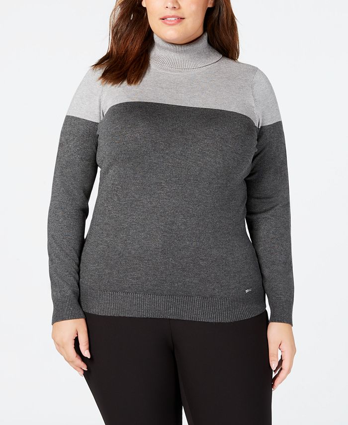 Calvin Klein Plus Size Colorblocked Turtleneck Sweater - Macy's