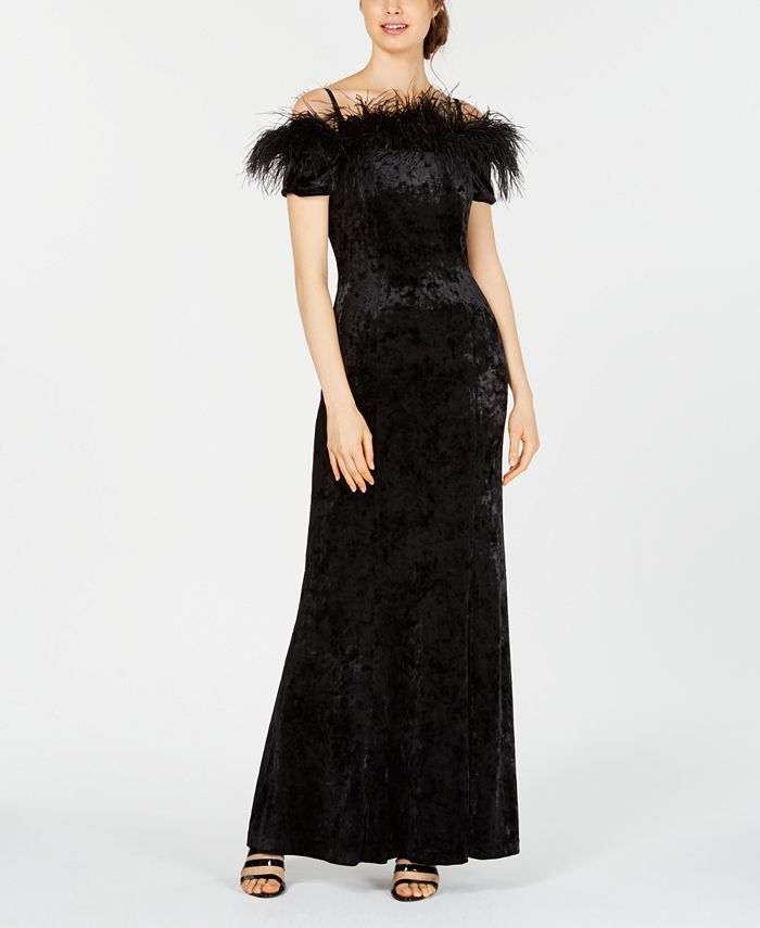 Calvin Klein Velvet Feather-Trim Gown - Macy's