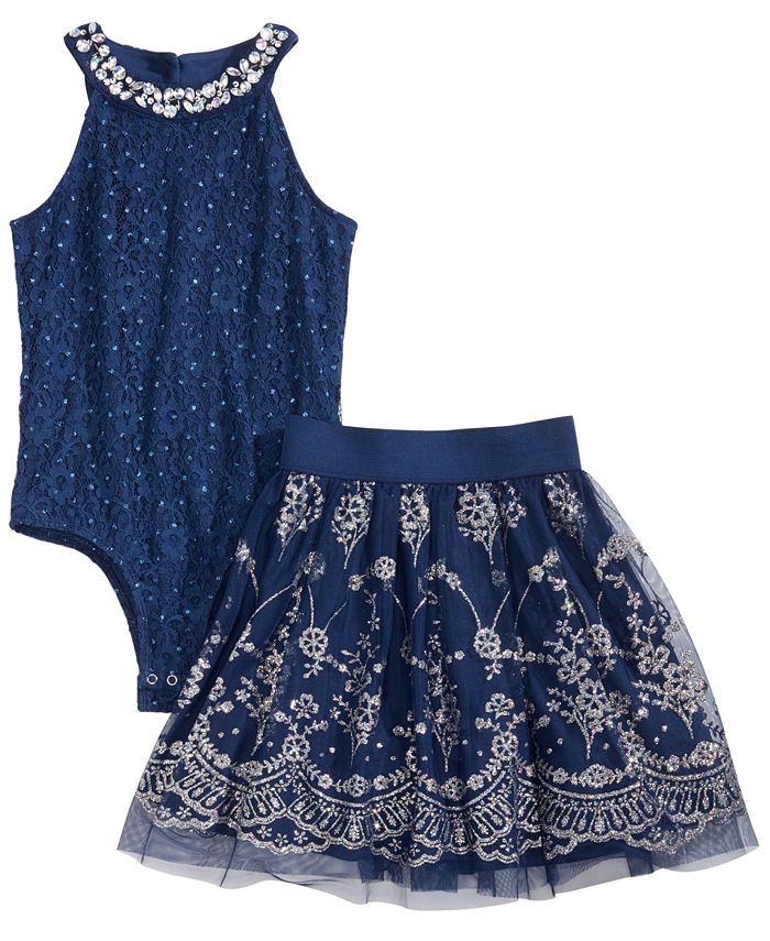 Beautees Big Girls 2-Pc. Embellished Bodysuit and Skater Skirt Set - Macy's