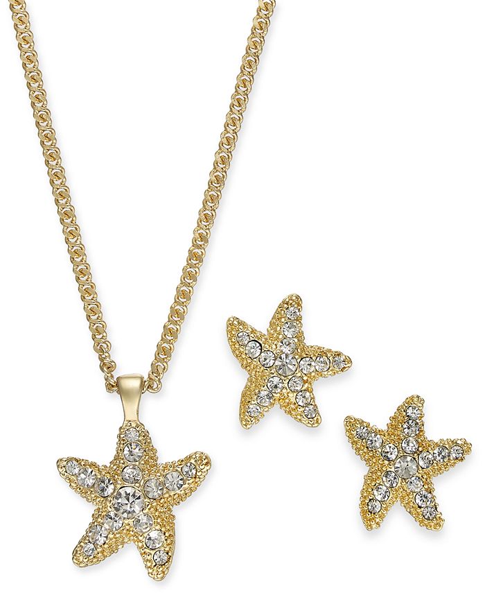 Charter Club Gold-Tone Pavé Starfish Pendant Necklace & Stud Earrings ...