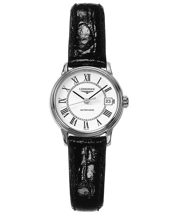 Longines Watch, Women's Swiss Automatic Presence Black Leather Strap ...