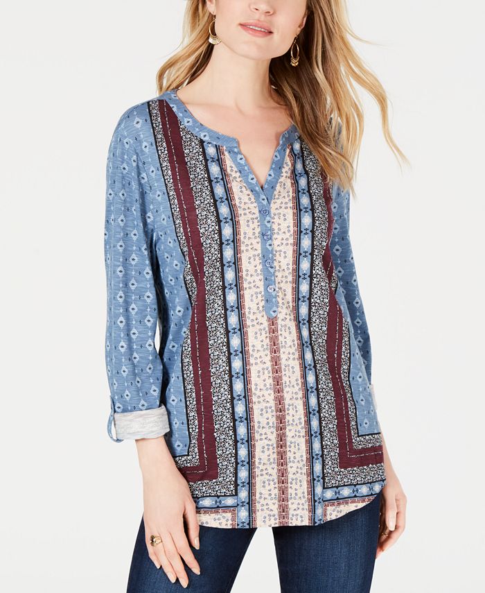 Style & Co Mixed-Print Roll-Tab-Sleeve Top, Created for Macy's - Macy's
