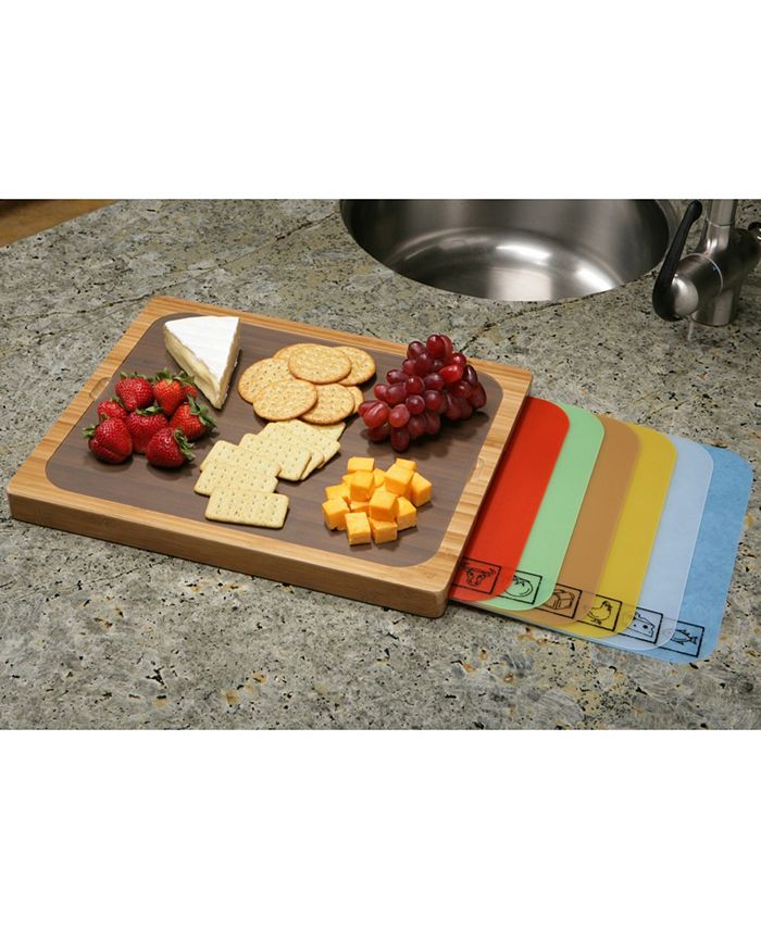 Seville Classics Bamboo Cutting Board And 7 Multi Color Cutting Mats