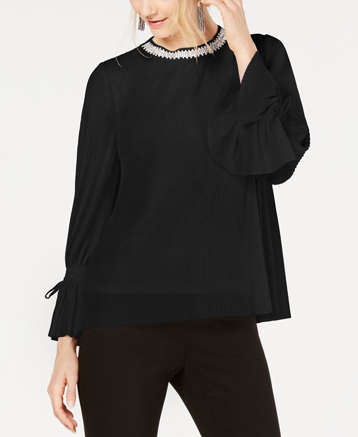 Alfani Textured-Stripes Embellished-Neck Top, Created for Macy's - Macy's