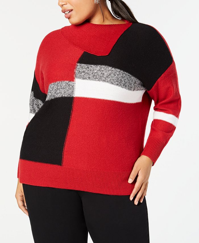 Style & Co Plus Size Colorblock Envelope-Neck Sweater, Created for Macy ...