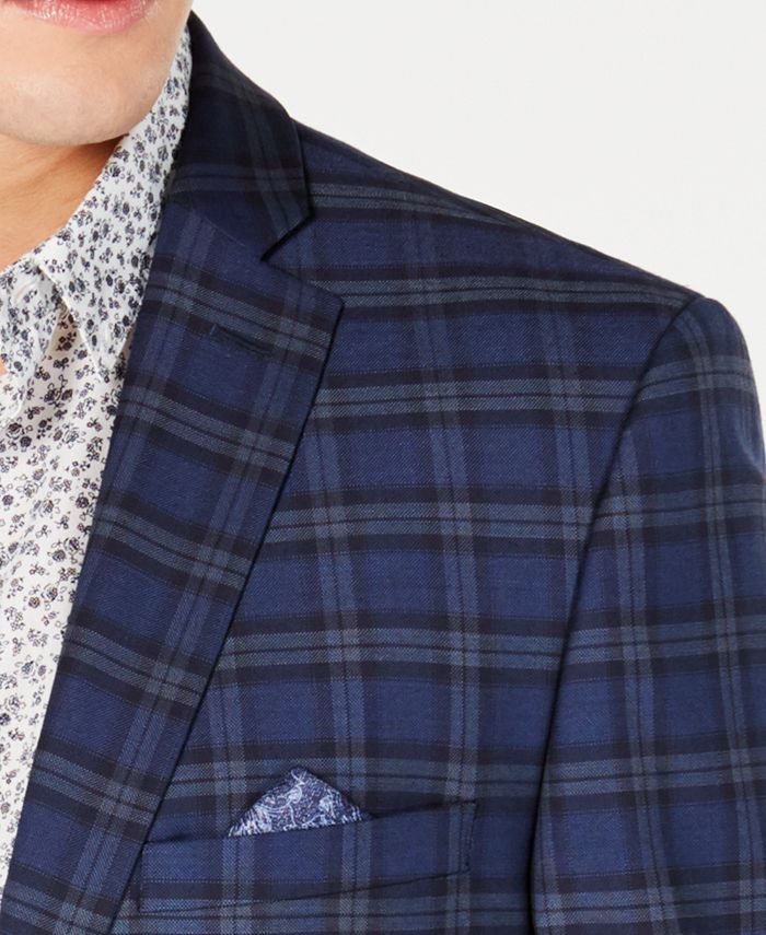 Bar III Men's Slim-Fit Stretch Dark Blue Plaid Sport Coat, Created for ...