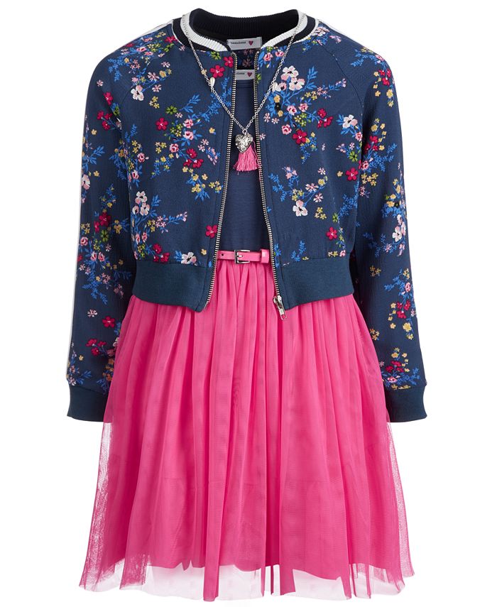 Beautees Big Girls 2-Pc. Floral-Print Bomber Jacket & Mesh Dress Set ...