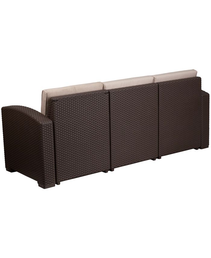 Flash Furniture Chocolate Brown Faux Rattan Sofa With All-Weather Beige ...