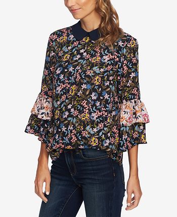 CeCe Printed Ruffled Collared Top - Macy's