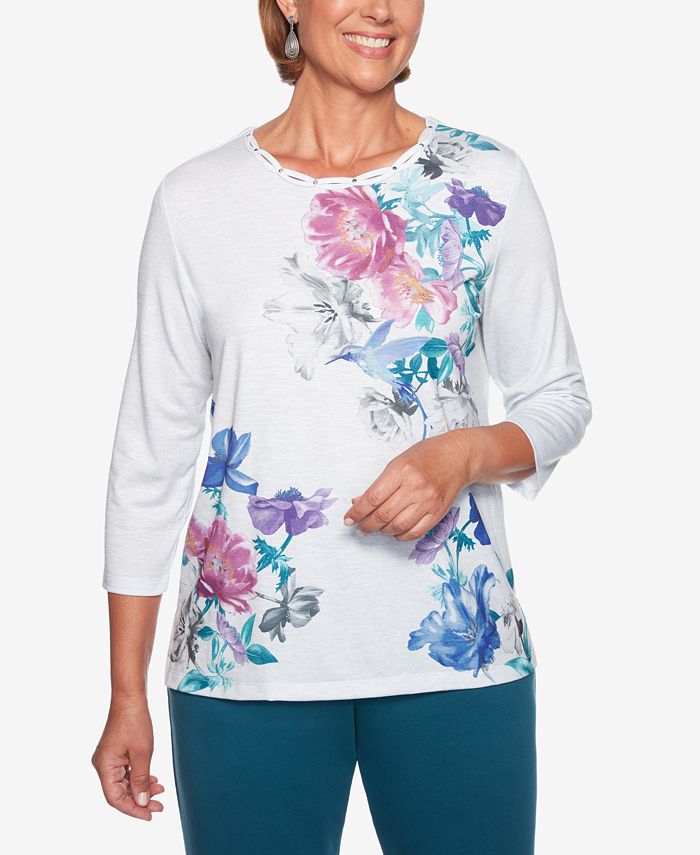 Alfred Dunner Comfortable Situations Hummingbird Printed Top - Macy's