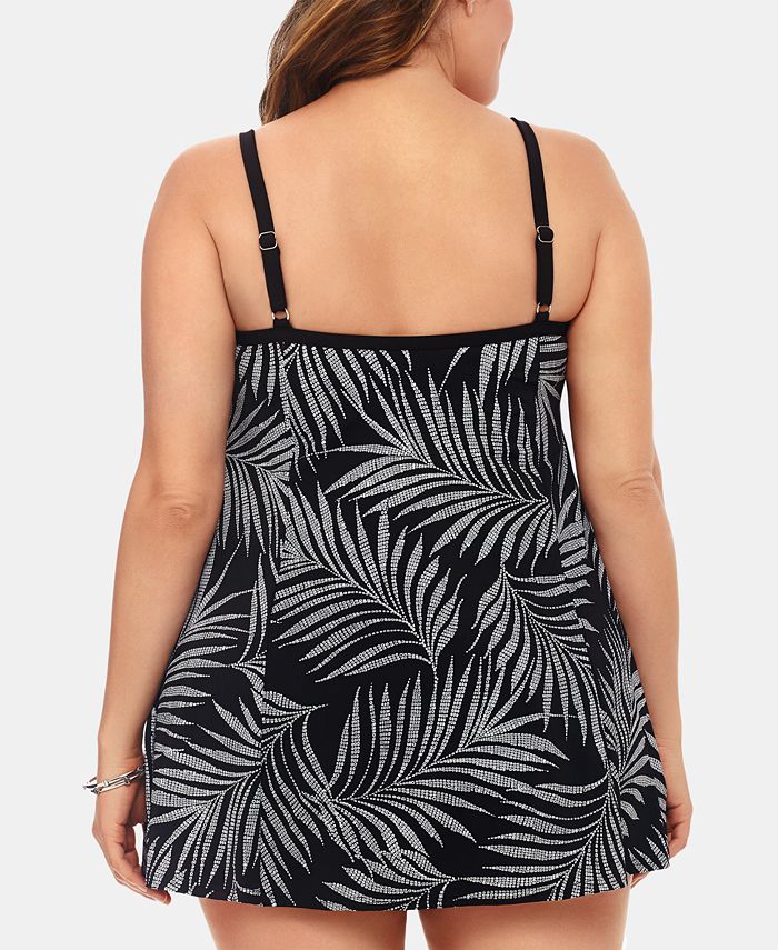 Swim Solutions Plus Size Palm Quest Printed Empire Waist Tummy Control