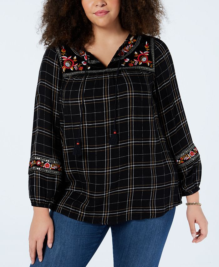 Style & Co Plus Size Embroidered Plaid Top, Created for Macy's - Macy's