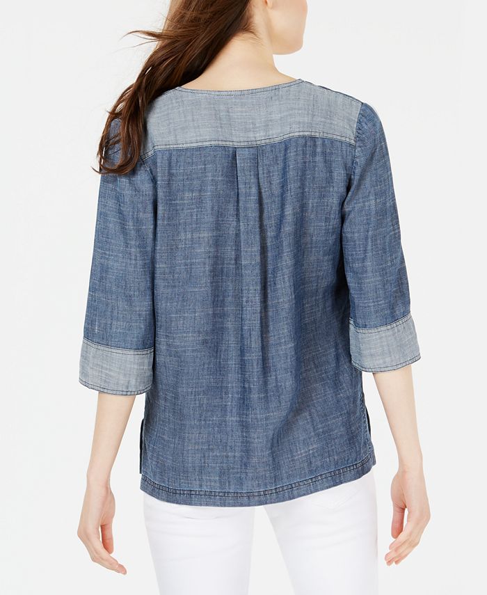 Trina Turk Denim Split-Neck Top - Macy's