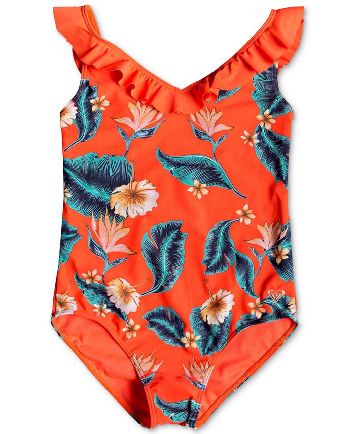 Roxy Big Girls Ruffle-Trim Printed Swimsuit - Macy's
