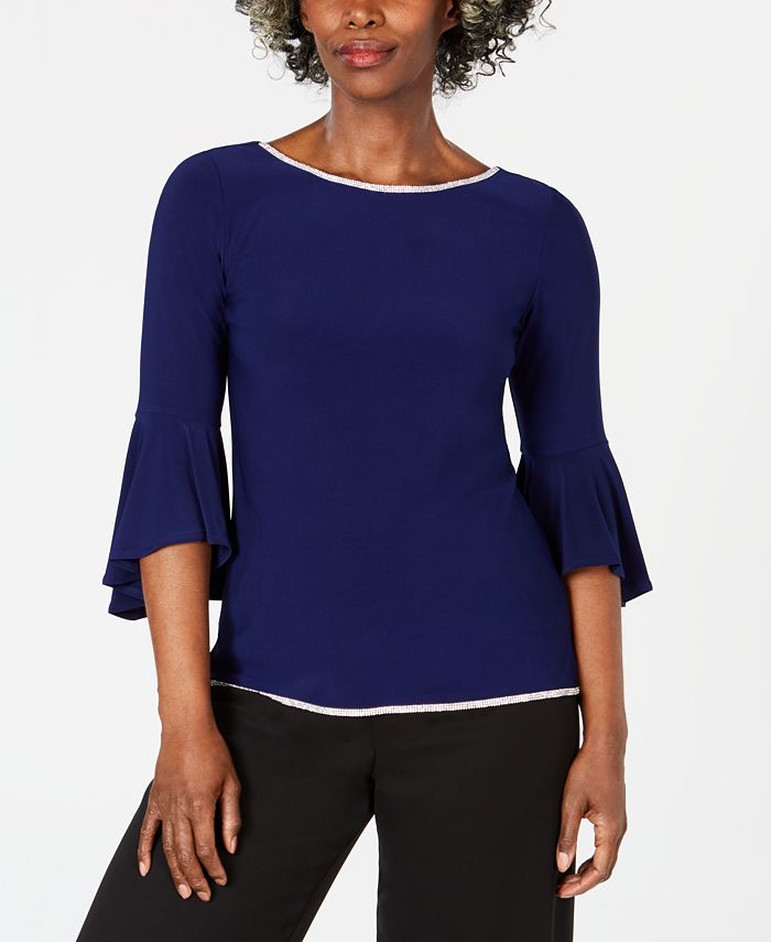 MSK Petite Rhinestone-Trim Bell-Sleeve Top - Macy's
