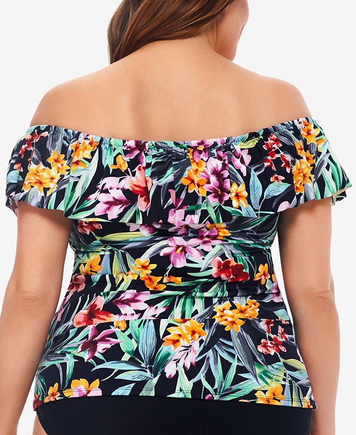 Swim Solutions Plus Size Printed Off-the-Shoulder Ruffle Tankini Top ...