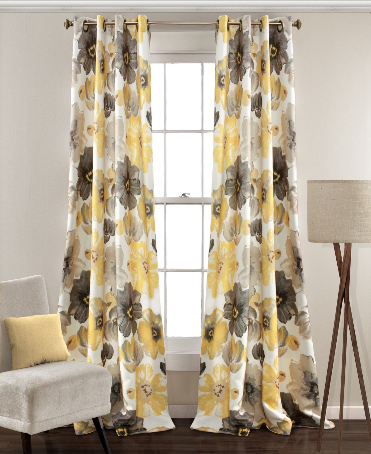 Click here for Leah Floral 52 x 120 Curtain Set - Yellow/gray prices