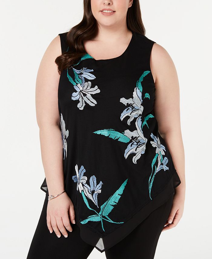 Alfani Plus Size Embroidered V-Hem Top, Created for Macy's - Macy's