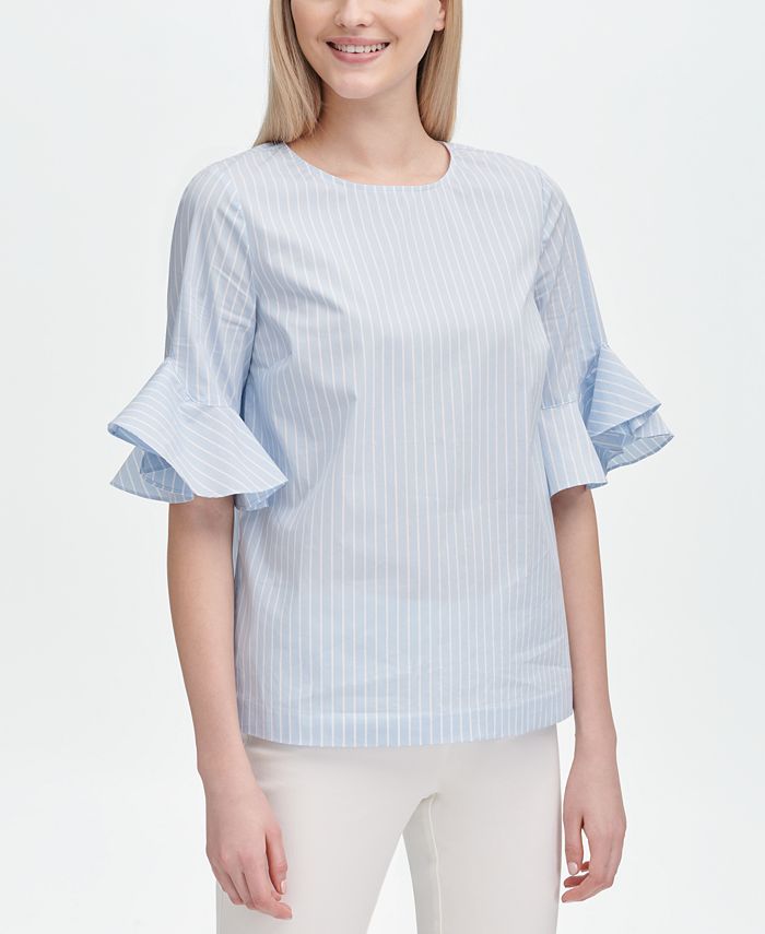 Calvin Klein Striped Ruffled-Sleeve Top - Macy's