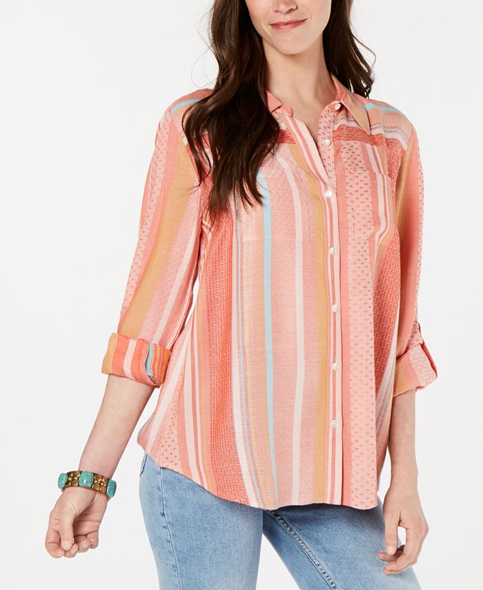 Style & Co Roll-Tab-Sleeve Striped Top, Created for Macy's - Macy's