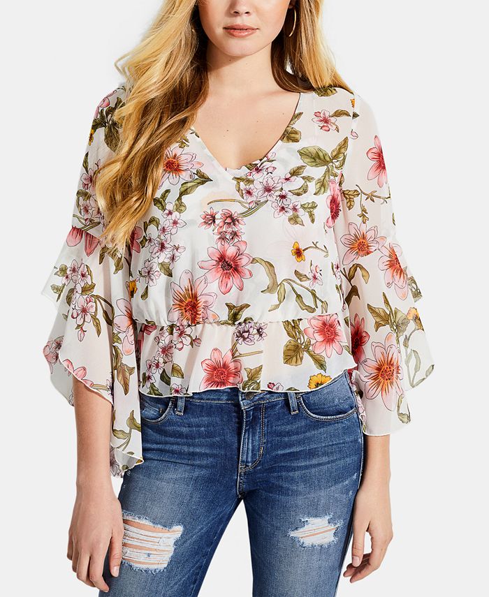 GUESS Jiya Printed Ruffled Bell-Sleeve Top - Macy's