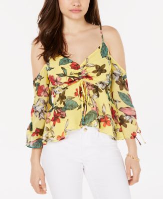 GUESS Printed Cold-Shoulder Ruched Top - Macy's