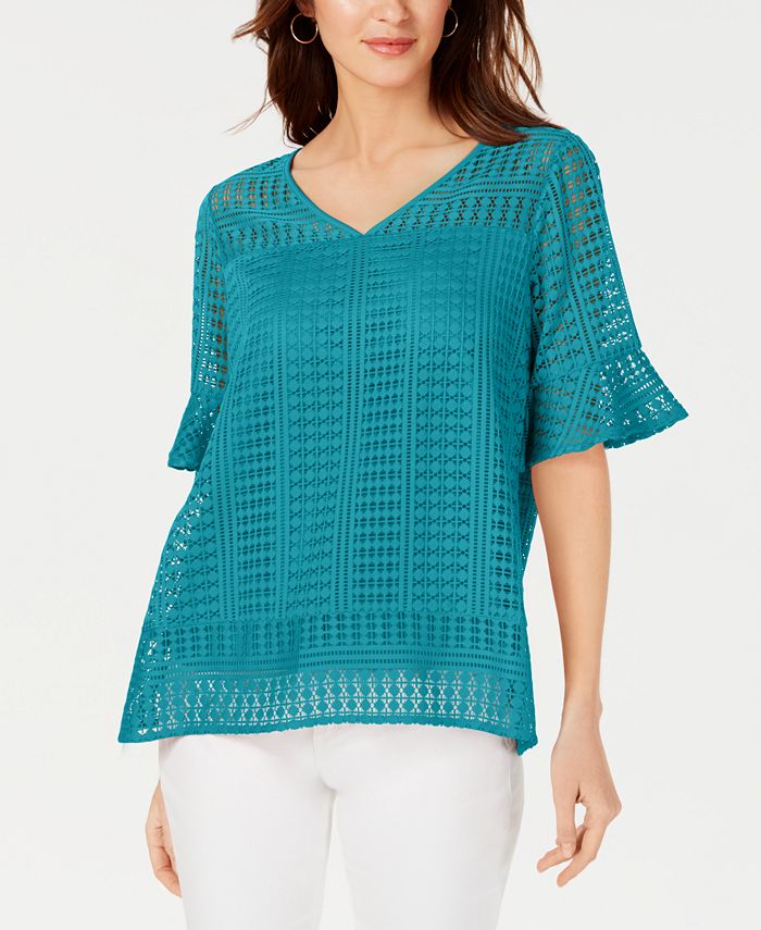 NY Collection Petite Lace Bell-Sleeve Top - Macy's