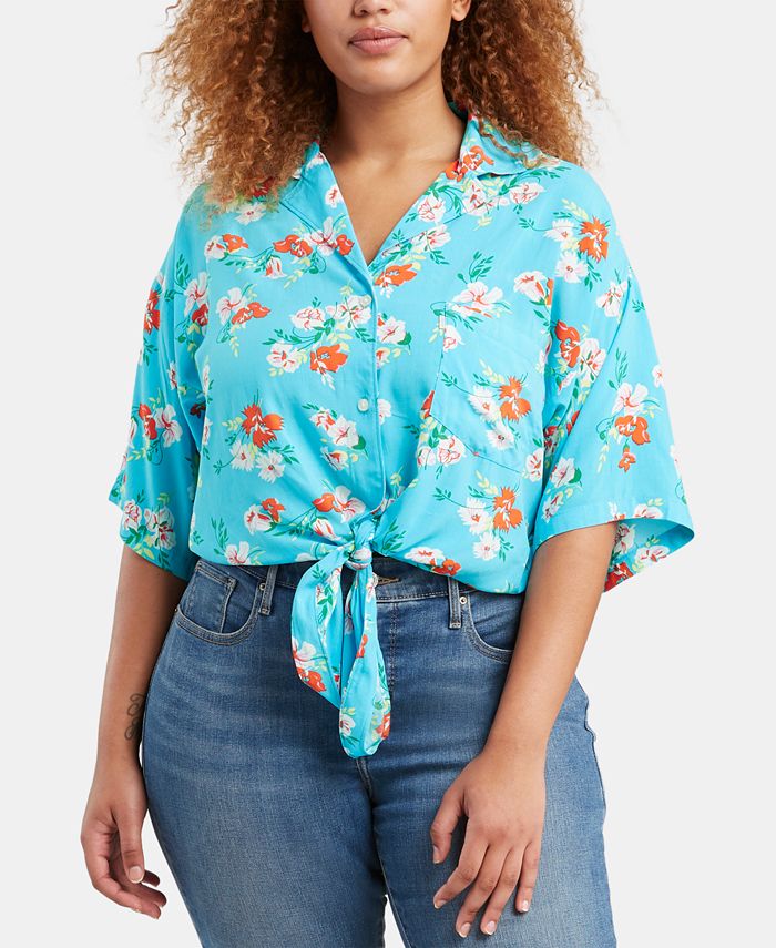 Levi's Trendy Plus Size Clove Tropical-Print Tie-Front Shirt - Macy's