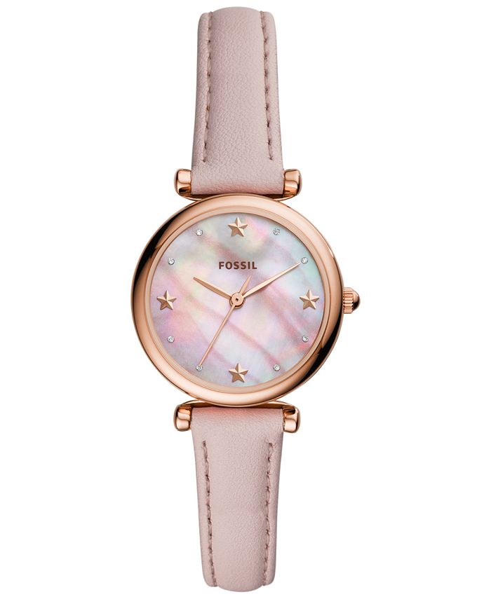 Fossil Women's Mini Carlie Rose Gold-Tone Blush Leather Strap 28mm - Macy's