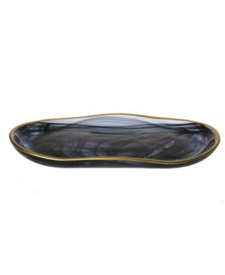 Classic Touch 13.75" Black Alabaster Oval Tray with Gold Scalloped Rim ...