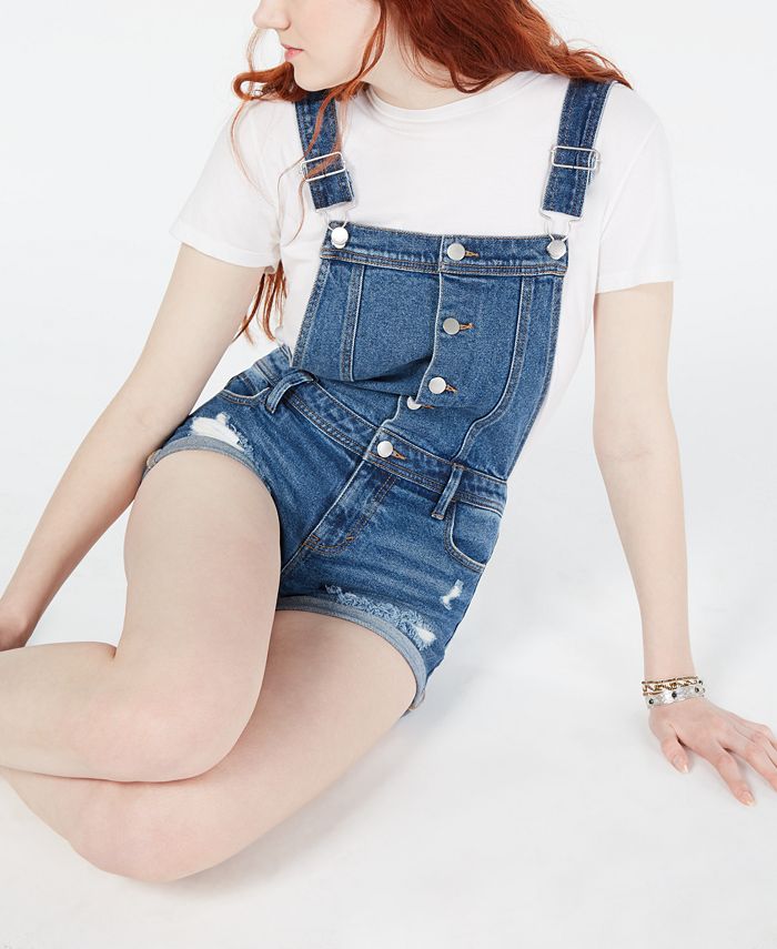 Tinseltown Juniors' Ripped Cuffed Denim Shortalls - Macy's