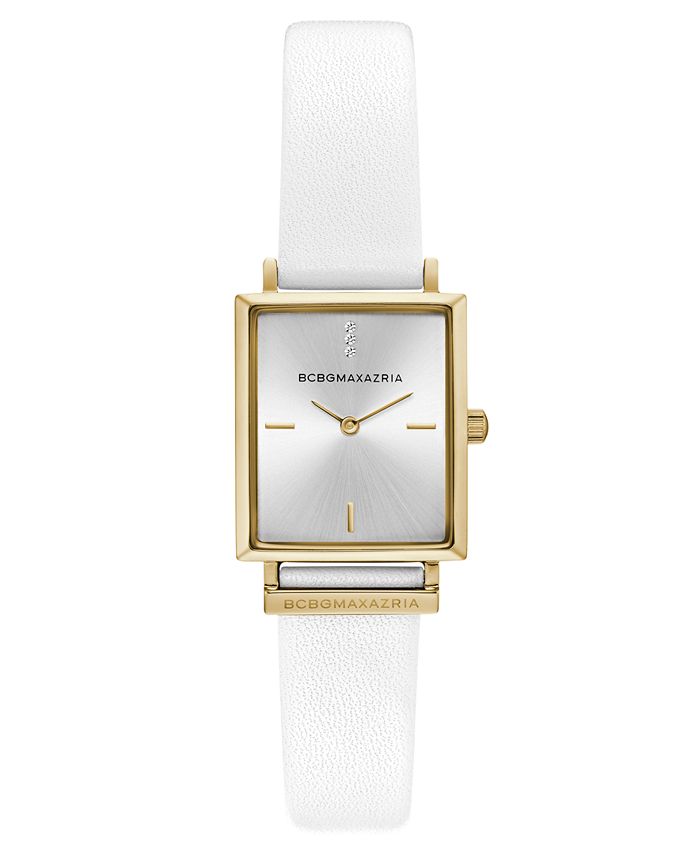 BCBGMAXAZRIA Ladies Rectangle White Genuine Leather Strap Watch, 22mm x ...