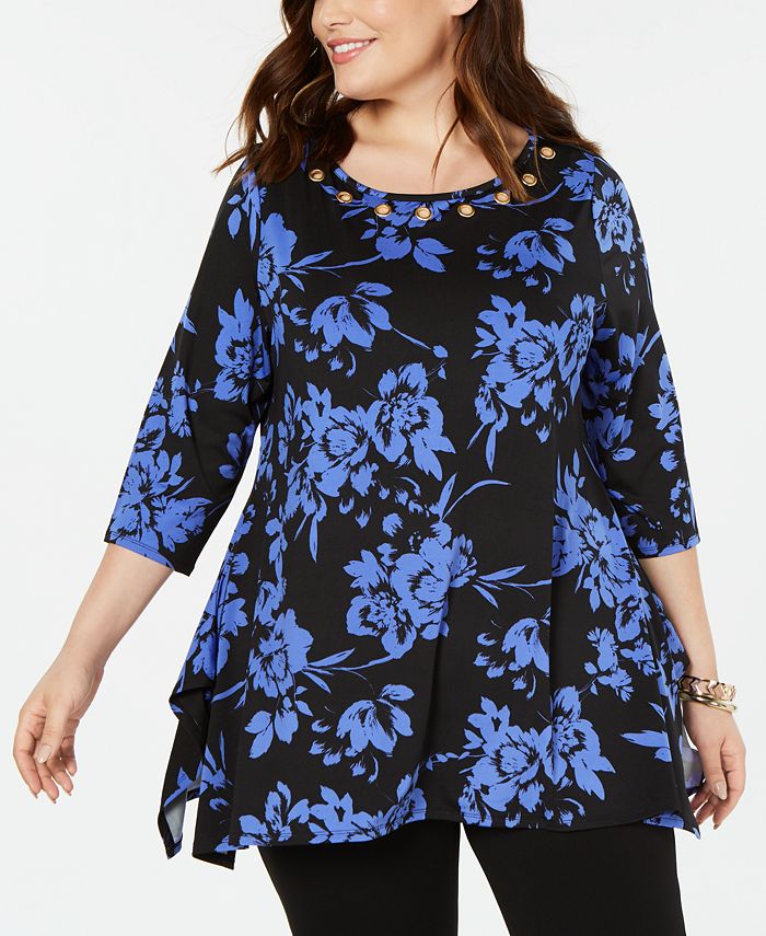 Belldini Plus Size Floral-Print Handkerchief-Hem Tunic - Macy's
