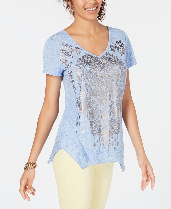 Style & Co Metallic-Print High-Low Top, Created for Macy's - Macy's