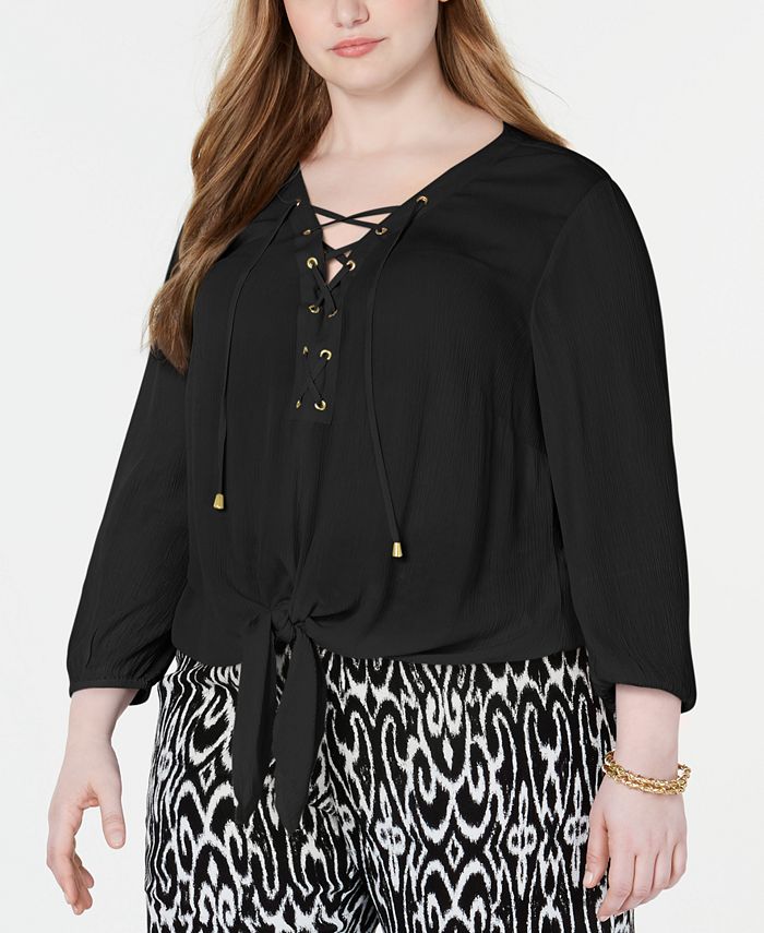 INC International Concepts INC Plus Size Lace-Up Tie-Front Top, Created ...