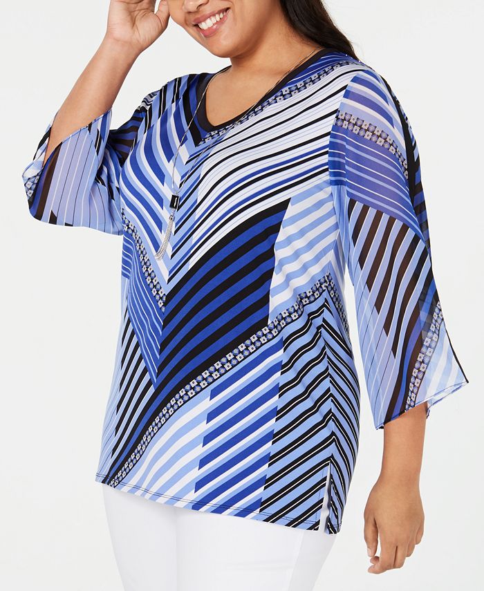 JM Collection Plus Size Printed Chiffon-Sleeve Necklace Top, Created ...