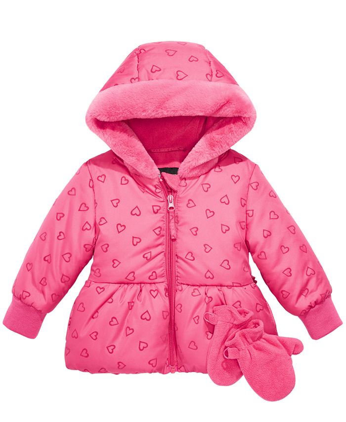 S Rothschild & CO Baby Girls Flocked-Heart Hooded Jacket & Mittens - Macy's