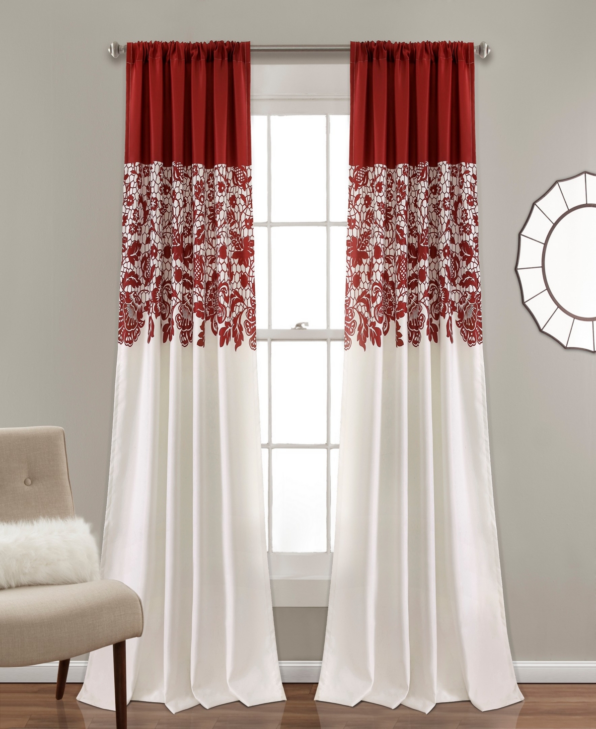 Click here for Estate Garden Lace Print 52 x 84 Curtain Set - Red prices