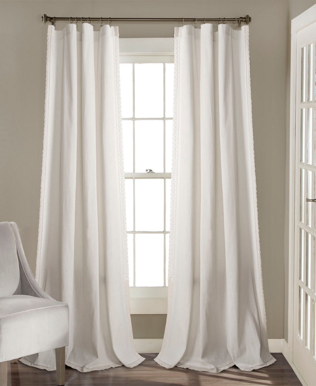 Click here for Rosalie 54 x 120 Lace Trim Curtain Set - White prices