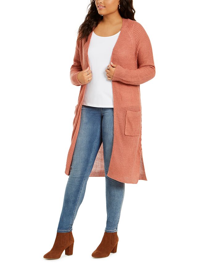 Planet Gold Trendy Plus Size Lace-Up Duster Sweater - Macy's